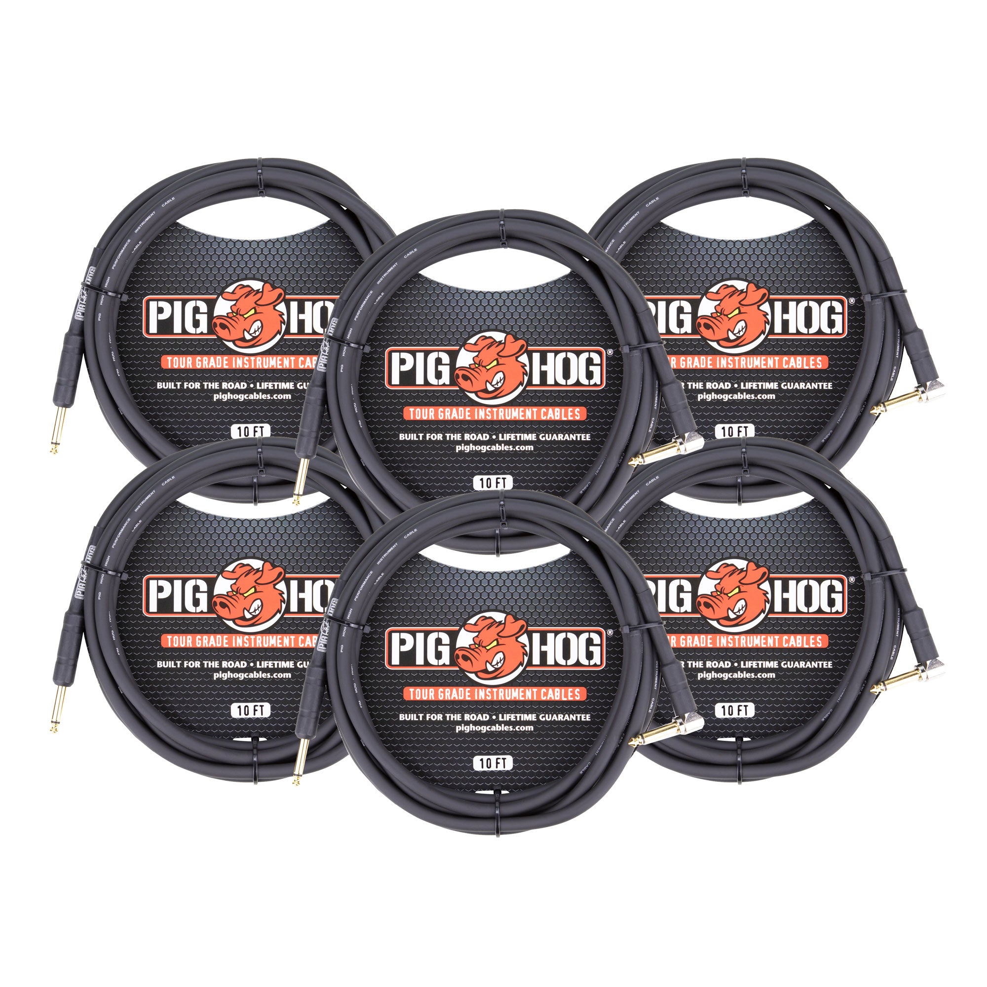6x Pig Hog Tour Grade 10ft Instrument Cable 1/4 Inch to 1/4 Inch Right ...