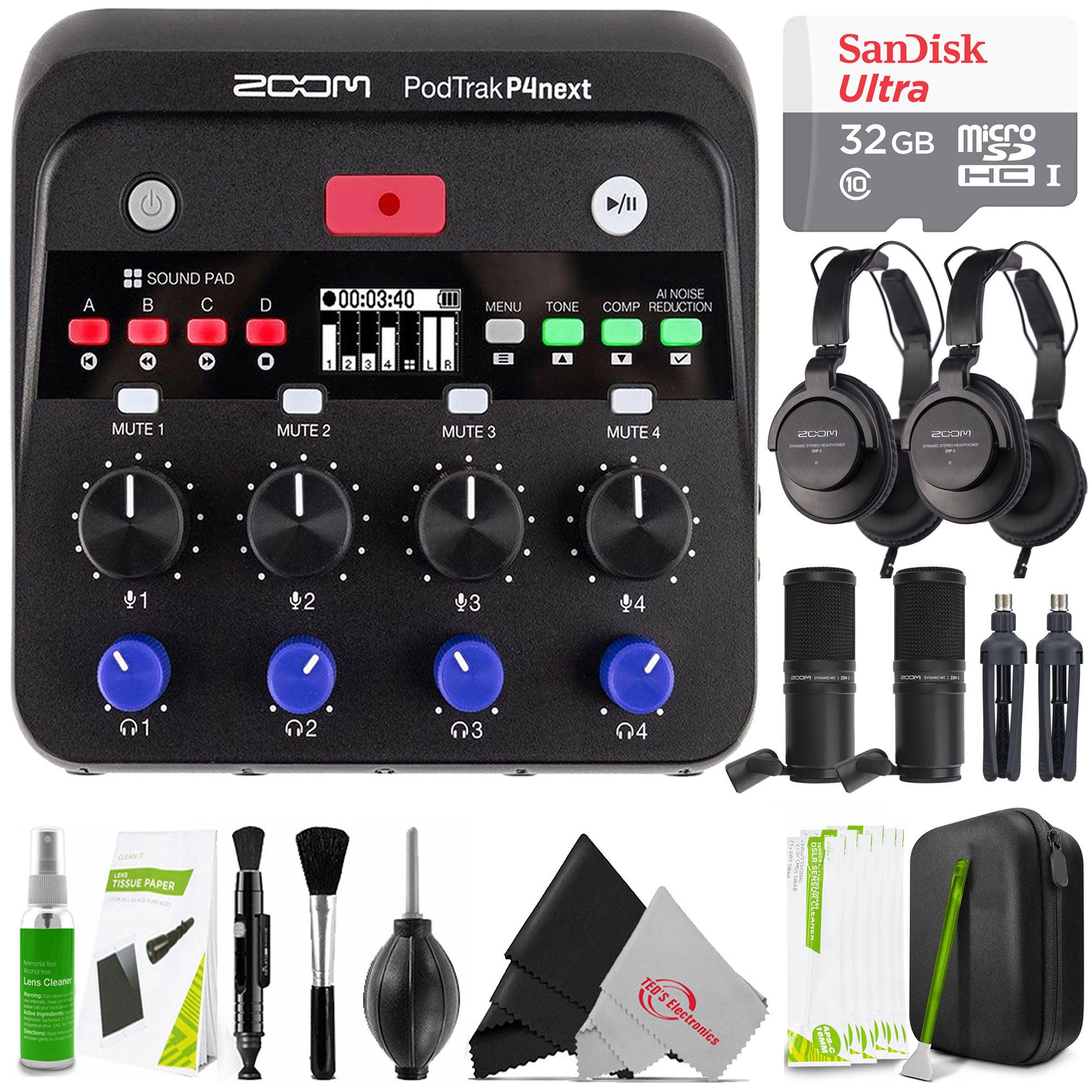 Zoom PodTrak P4next Recorder with 2x ZDM-1 Mic Packs, 32GB microSDHC C ...