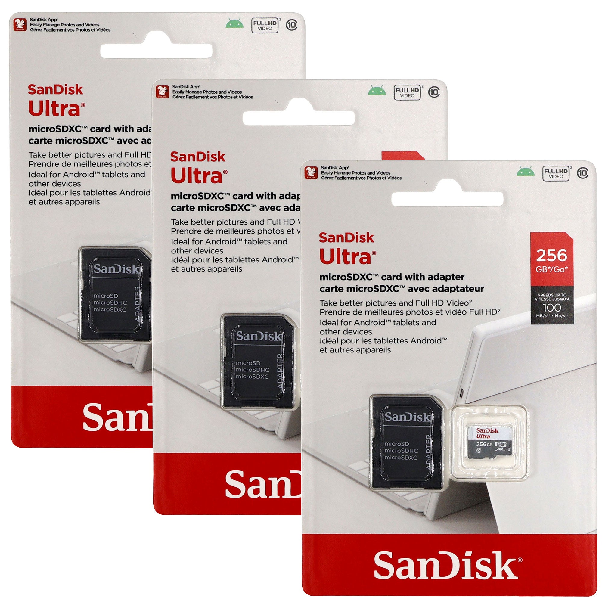 3-Pack Sandisk Ultra 256GB 100MB/s Class 10 Micro SDXC Memory Card Ful ...