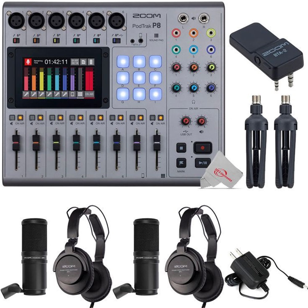 Zoom PodTrak P8 Portable Multitrack Podcast Recorder + Two Zoom ZDM-1 ...