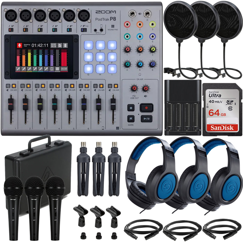 Zoom PodTrak P8 Portable Podcast Recorder with Behringer XM1800S Micro ...