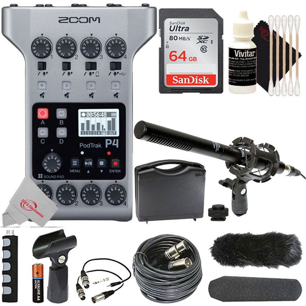 Zoom PodTrak P4 Multitrack Podcast Recorder + Shotgun Microphone Kit ...
